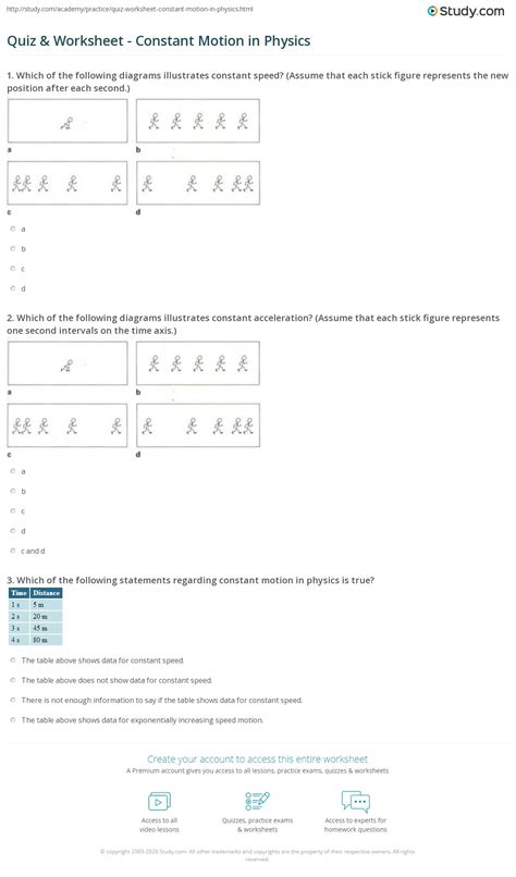 Quiz And Worksheet Constant Motion In Physics