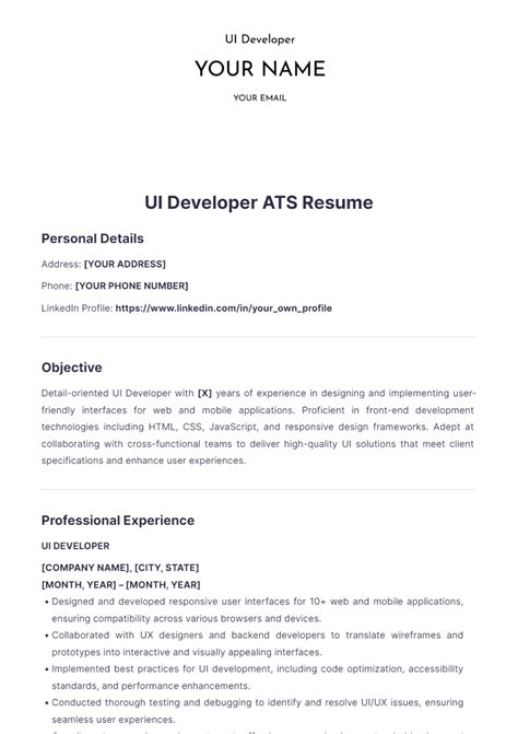 Free Ui Developer Ats Resume Template To Edit Online