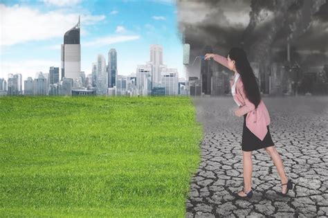 Premium Photo Businesswoman On Drought Land With City