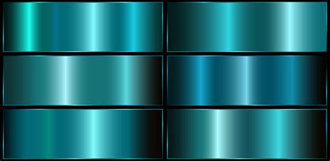 검은색 배경에 윤곽선이 있는 6개의 파란색 그라디언트 세트입니다 텍스트 및 인포그래픽 디자인을 위한 금속 그라디언트 효과 금속