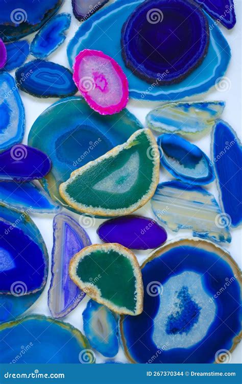 Slices Of Natural Stone Agates Set In Blue And Green Colors Texture