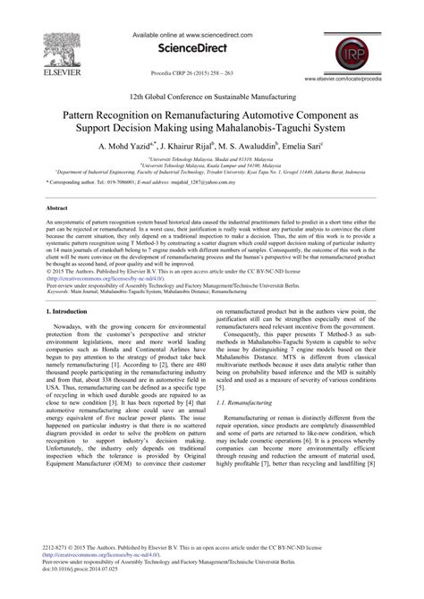 Pdf Pattern Recognition On Remanufacturing Automotive Component As Support Decision Making