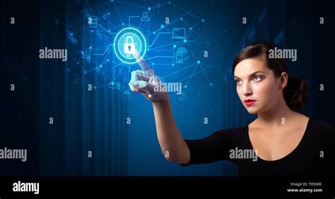 Woman Touching Hologram Projection Displaying Cloud System Stock Photo Alamy