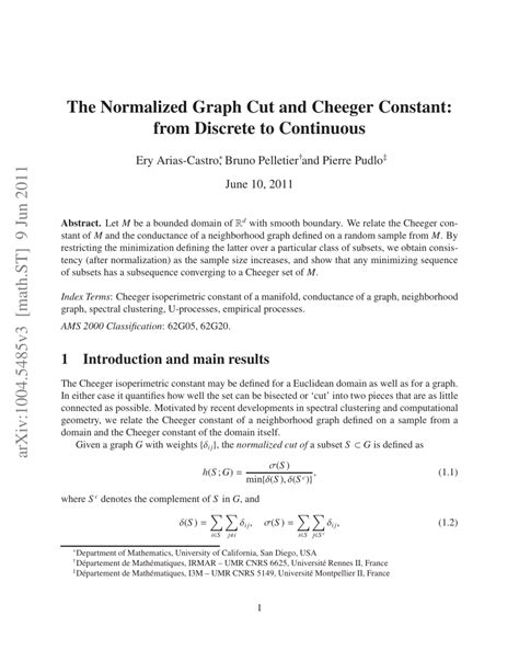 Pdf The Normalized Graph Cut And Cheeger Constant From Discrete To Continuous