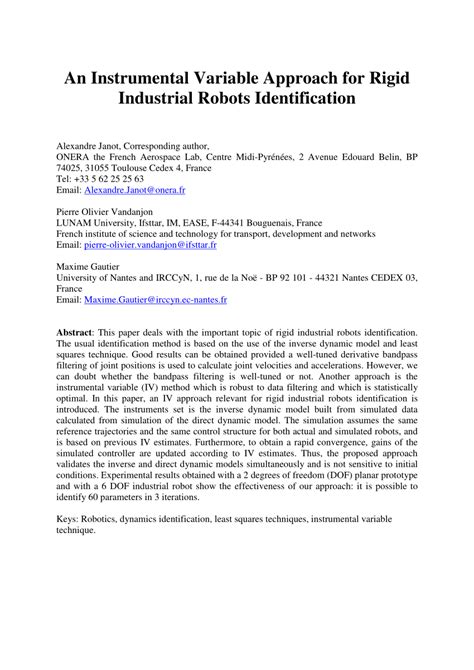 pdf an instrumental variable approach for rigid industrial robots