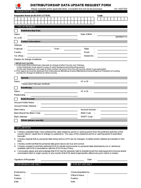 Dxn Distributorship Data Update Request Form Version 4 Pdf