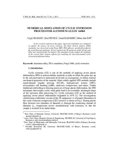 Pdf Numerical Simulation Of Cyclic Extrusion Process For Aluminum Alloy A6060