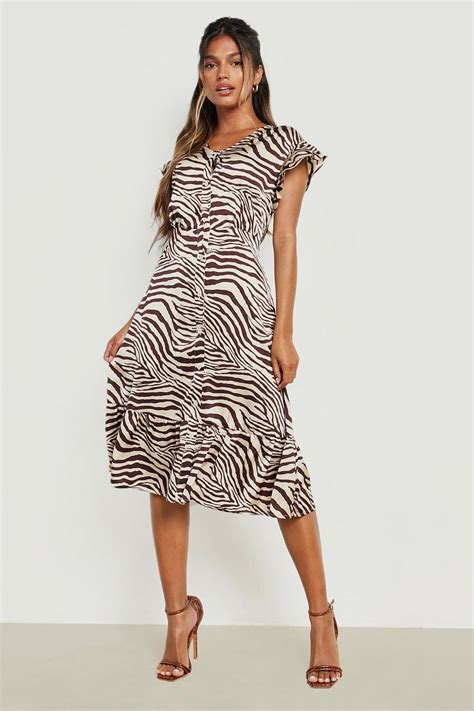 Animal Print Ruffle Midi Dress Boohoo Uk