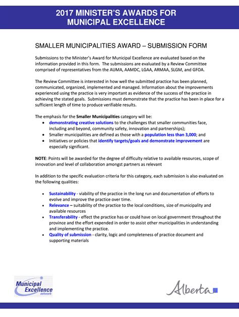 Fillable Online Municipalaffairs Alberta 2017 Ministers Awards Of
