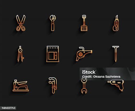 세트 라인 건설 스테이플러 클램프 도구 가위 렌치 스패너 전기 핫 글루건 시멘트 백 금속 못 및 잎 정원 송풍기 아이콘 벡터 가위에 대한 스톡 벡터 아트 및 기타 이미지