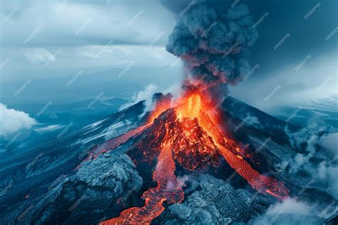Dramatic Volcanic Eruption Captured At Twilight With Lava Flow And Ash