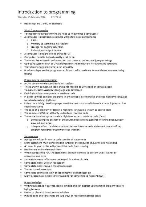 Lecture Notes Intro To Programming Lectures 1 10 Studocu