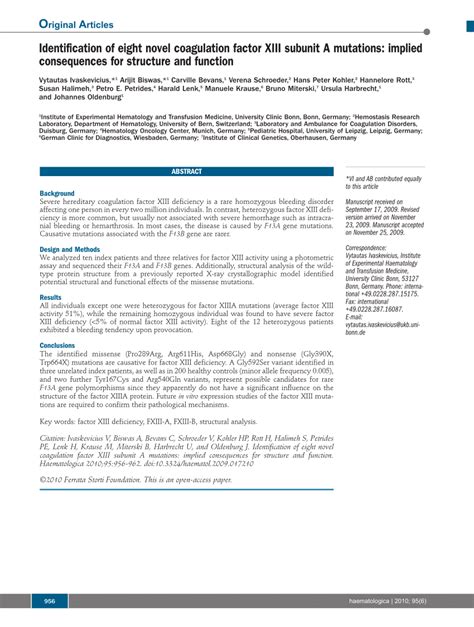 Pdf Identification Of Eight Novel Coagulation Factor Xiii Subunit A