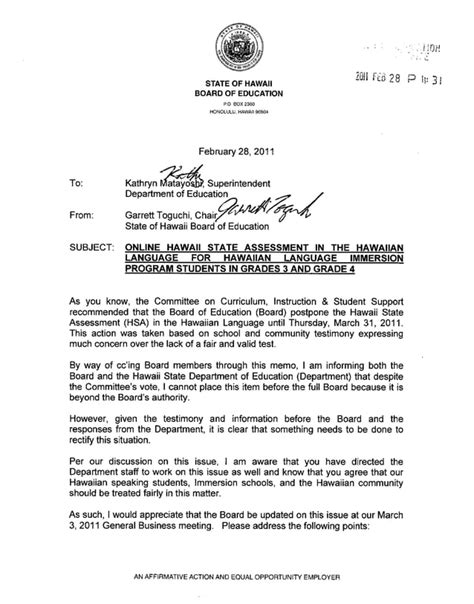 Toguchi Memo Regarding Hawaiian Language Hsa Pdf