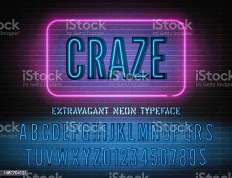 어두운 벽돌 배경에 숫자가 있는 좁은 파란색 네온 글꼴입니다 벡터 열풍 밤 핑크 라이트 박스 사인 3차원 형태에 대한 스톡 벡터