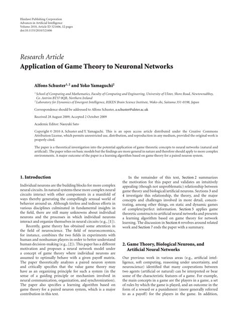 Pdf Application Of Game Theory To Neuronal Networks