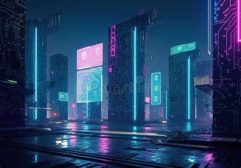 futuristic cityscape with glowing neon lights and digital screens stock