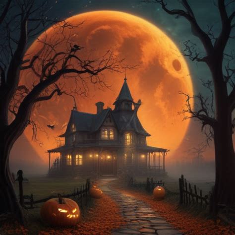 A Spooky Halloween Night With A Haunted House And Full Moon