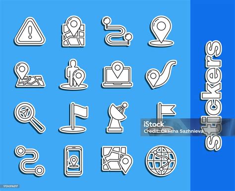 지구본 깃발 경로 위치 사람의 실루엣이 있는 지도 마커 접힌 지도 삼각형의 느낌표 및 노트북 아이콘에 선 위치를 설정합니다 벡터 거리에 대한 스톡 벡터 아트 및 기타 이미지