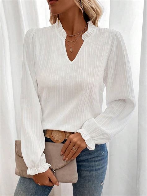 Shein Lune Notched Neckline Flounce Sleeve Blouselong Sleeve Tops