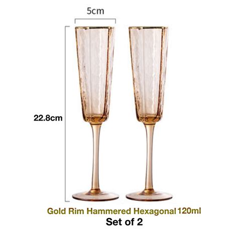 2 Pcs Hexagonal Hammered Gold Rim Champagne Glass Vicedeal