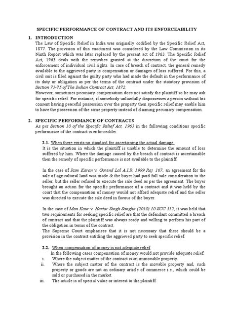 Specific Performance Of Contract And Its Enforceability Pdf Legal