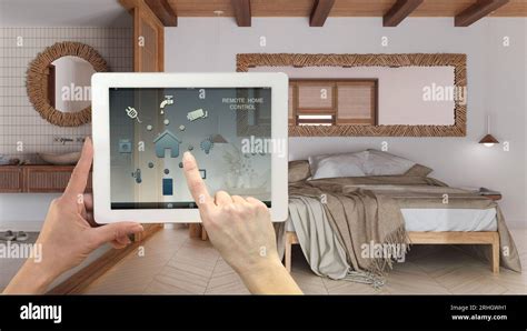 Smart Remote Home Control System On A Digital Tablet Device With App Icons Japandi Bedroom