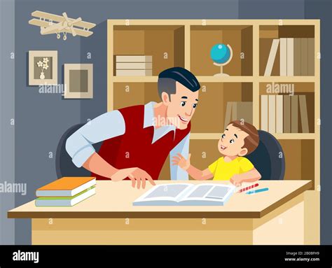 Père Aidant Son Fils à Faire Ses Devoirs Et à Sourire Concept De