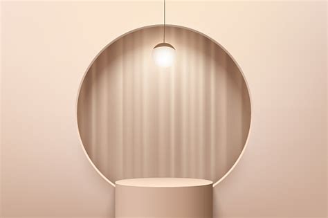 추상 베이지 색 3d 실린더 받침대 또는 원형 창과 공 매달려 램프에 연단서 화장품 디스플레이 프리젠 테이션을위한 갈색 최소 장면 벡터 기하학적 렌더링 플랫폼 설계 원형에