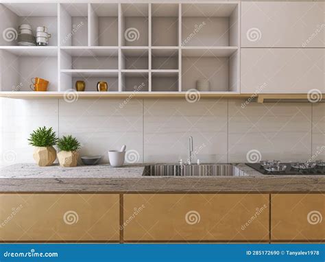 Kitchen Interior 3d Render Minimalist Decoration Design Stylish Stock