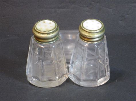 Heisey Salt Pepper Shakers Etched Glass Silver Topsmother Of Pearl