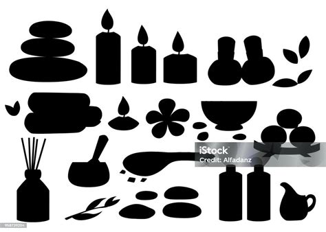 실루엣 스파 도구 및 액세서리 검은 현무암 마사지 허브 박격포 수건 오일 젤을 올리고 돌 및 흰색 배경 벡터 그림 양 초 개체 그룹에 대한 스톡 벡터 아트 및 기타 이미지