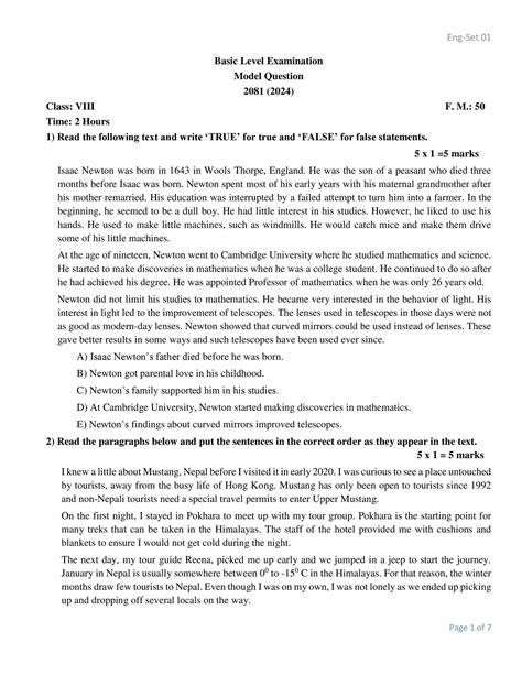 Ble Model Questions For Maths Science And English Subjects 2081