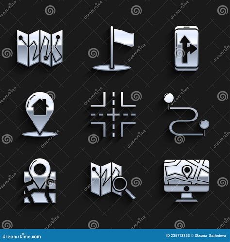 Set Road Traffic Sign Folded Map With Location Marker Monitor And