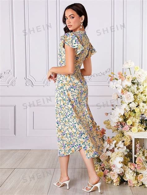 Shein Mulvari Floral Print Contrast Collar Fitted Dress Shein Uk