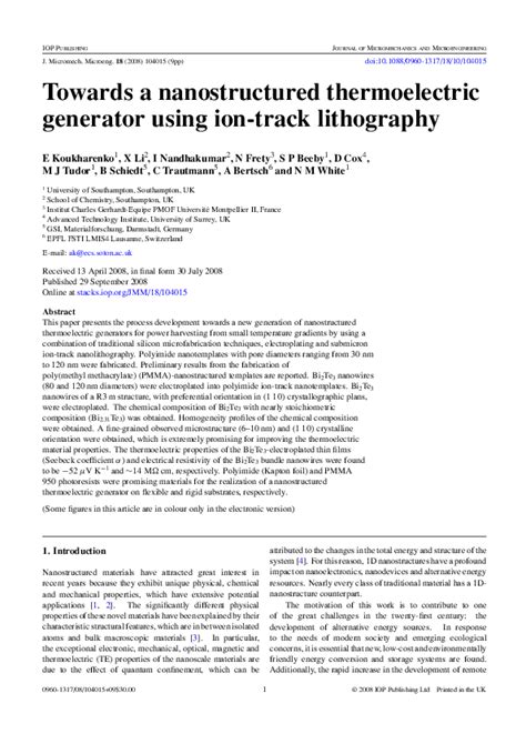 Pdf Towards A Nanostructured Thermoelectric Generator Using Ion Track Lithography