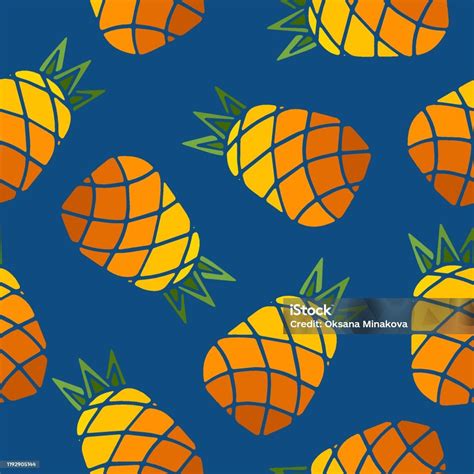 파란색 배경에 잎밝은 색깔의 파인애플 과일과 원활한 패턴 현대적인 디자인 직물 포장지 배경 화면 표지 여름 옷 인쇄 크리에이티브 벡터 일러스트레이션 0명에 대한 스톡 벡터