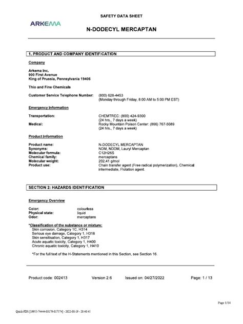 Sds Dodecyl Mercaptan Pdf