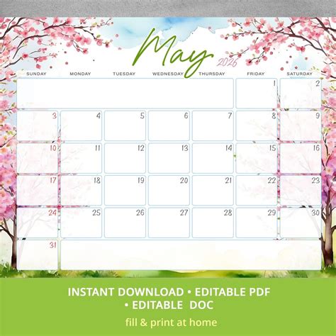 Editable May 2026 Cherry Blossom Calendar Printable Monthly Planner