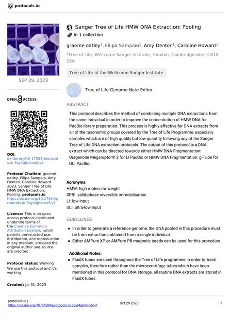 Pdf Sanger Tree Of Life Hmw Dna Extraction Pooling V1