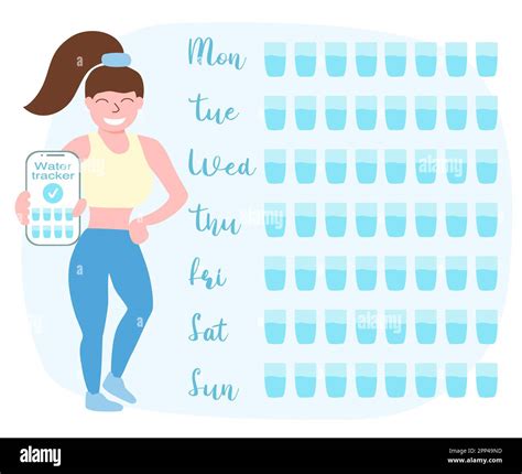 Weekly Water Tracker Girl With Mobile Phone Shows Water Tracker App Stay Hydrated Concept