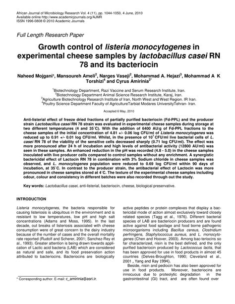 Pdf Growth Control Of Listeria Monocytogenes In Experimental Cheese