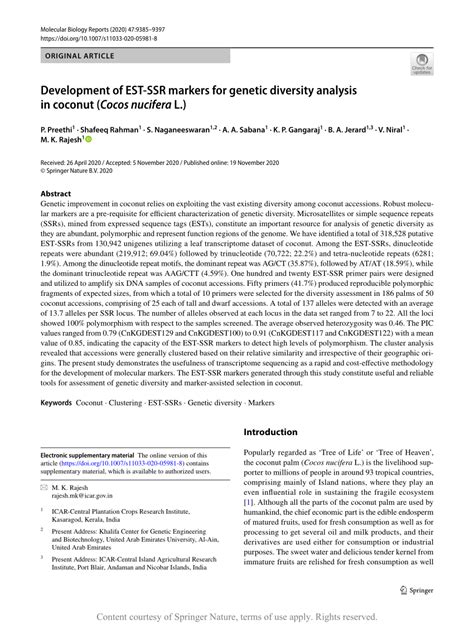 Development Of Est Ssr Markers For Genetic Diversity Analysis In Coconut Cocos Nucifera L