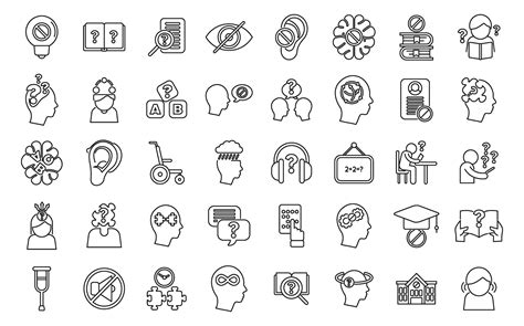 Learning Disability Icons Set Outline Vector Education Insclusive