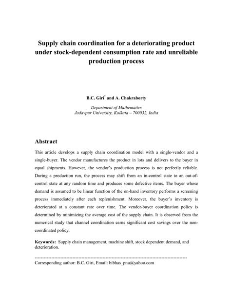 Pdf Supply Chain Coordination For A Deteriorating Product Under Stock Dependent Consumption