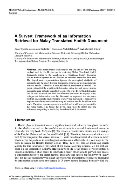 Pdf A Survey Framework Of An Information Retrieval For Malay Translated Hadith Document