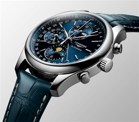 Longines Master Collection Chrono Moonphase 오토매틱 스테인리스 스틸 선레이 블루 다이얼과 스트랩 Longines Kr