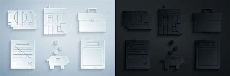 동전 서류 가방 삭제 파일 문서 빈 양식 집 방패와 스택 종이 돈 현금 아이콘돼지 저금통을 설정합니다 벡터 0명에 대한 스톡