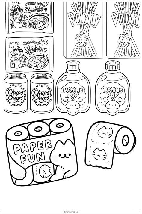 粉色主题的零食和日用品 填色页（免费 Pdfandpng 可打印）