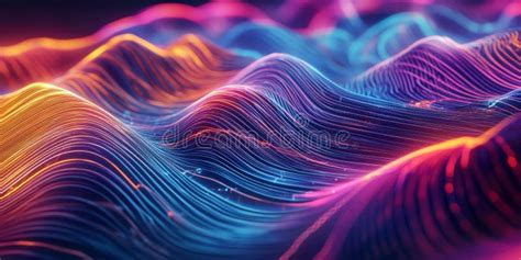 a high tech abstract background featuring cascading waves of iridescent neon energy forming a
